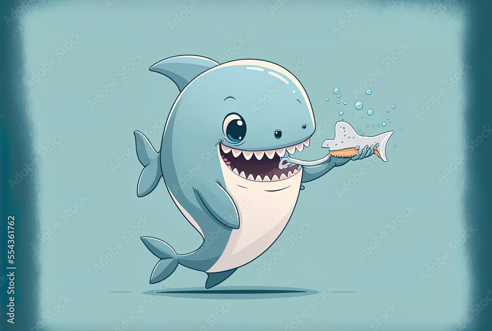 Illustration of a cute shark waving while eating a bone in a hand drawn ...