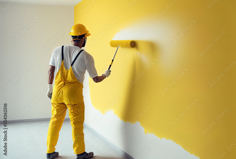Painting with a roller brush, Worker painting the wall's surface Using ...