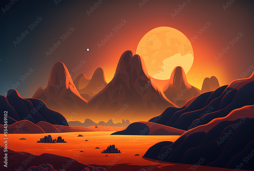 Landscape of an alien planet with two suns blazing on an orange sky ...