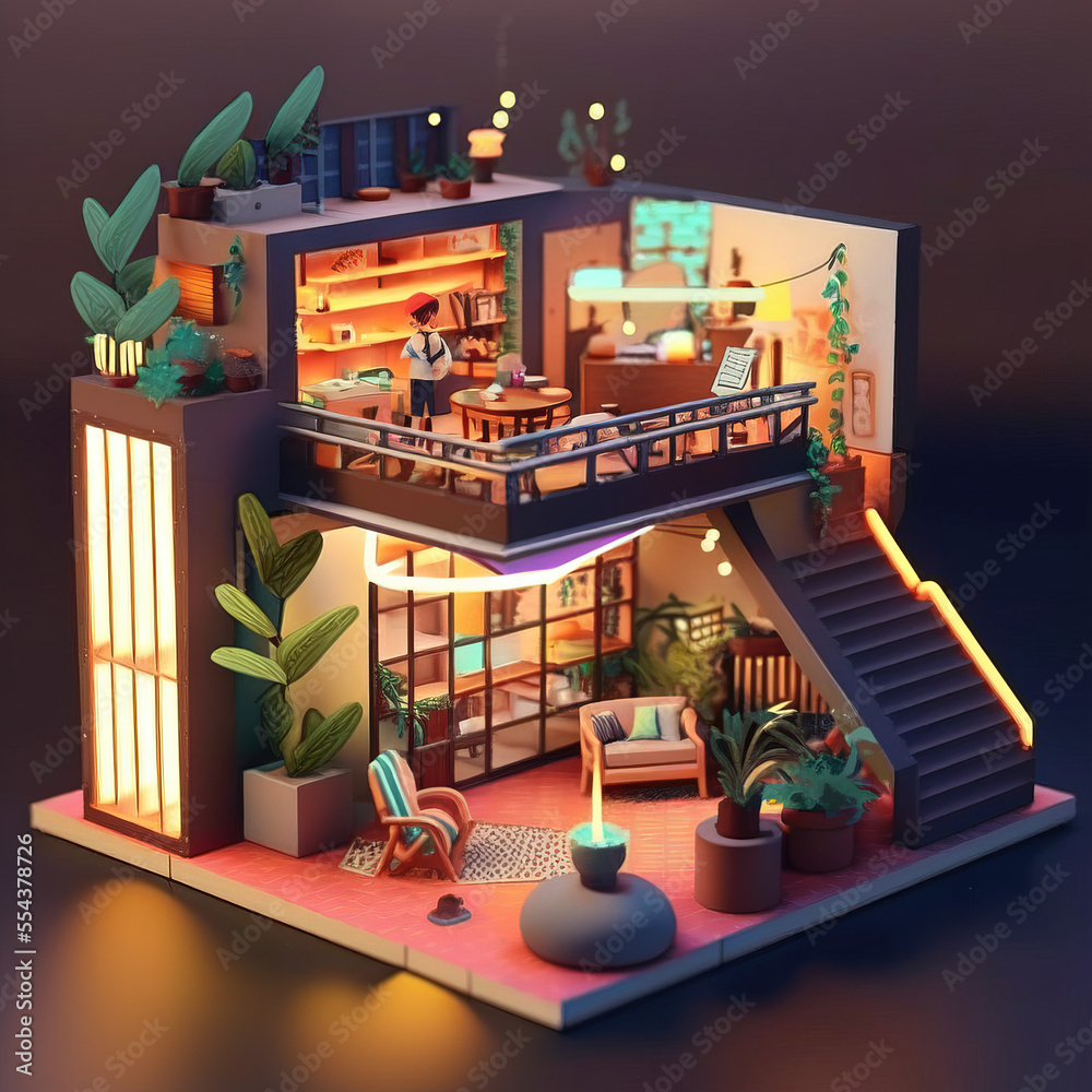Miniature Interior of Futuristic Cyberpunk House Diorama with cute ...