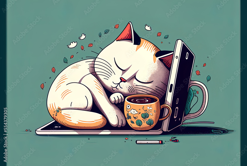 Cartoon icon artwork of an adorable cat napping while drinking coffee ...