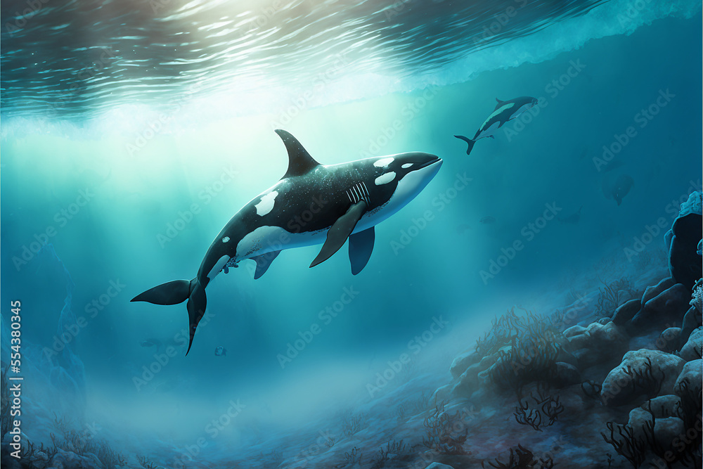 Orca Swimming in the Ocean, Killer Whale Digital Illustration, Concept ...