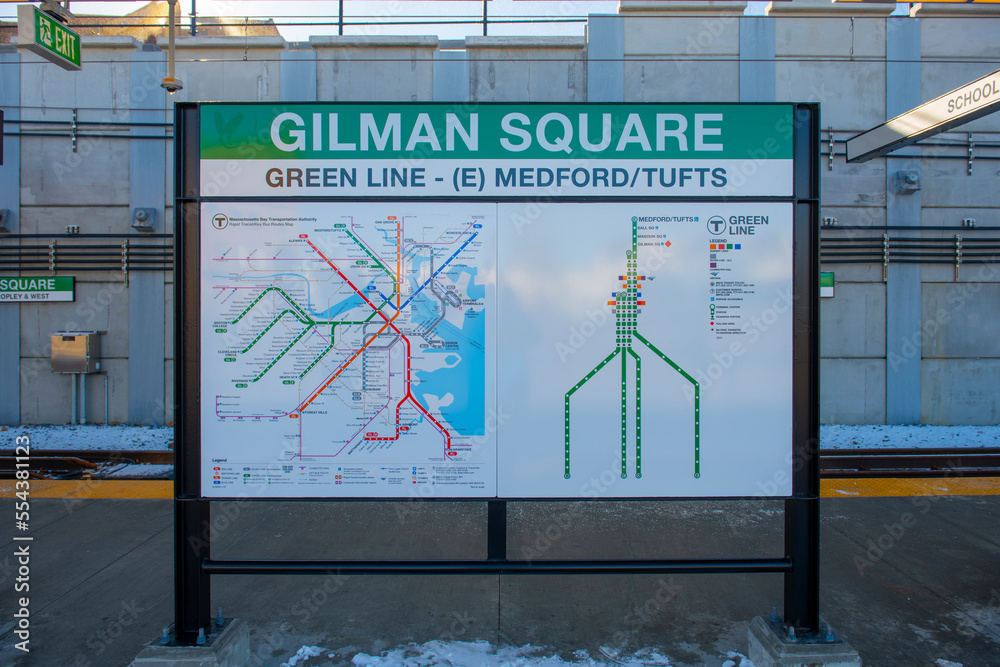 Sign and map of MBTA Green Line Gilman Square station in city of ...