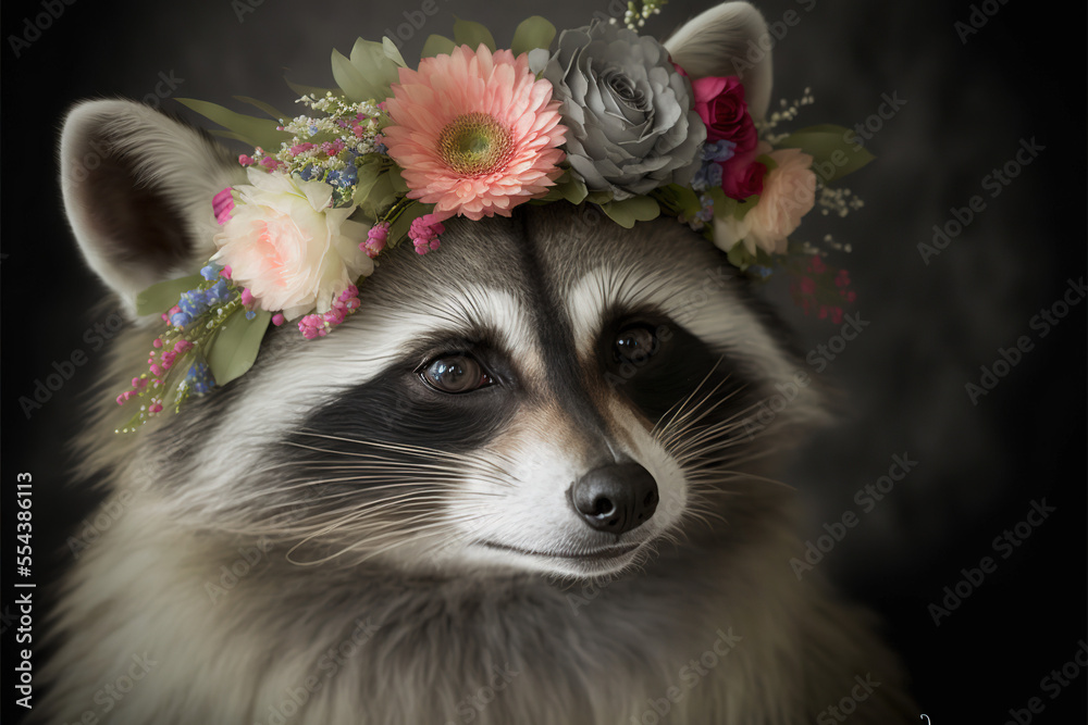 beautiful studio portrait of a raccoon, flowers and soft box lighting ...
