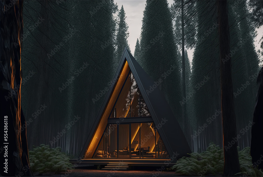 Simple triangular timber home design concept with a dark forest ...