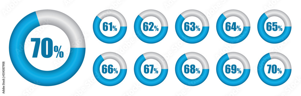 Vector set of Pie chart from 61 to 70 percent. Vector illustration ...