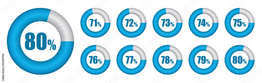 Vector set of Pie chart from 71 to 80 percent. Vector illustration ...