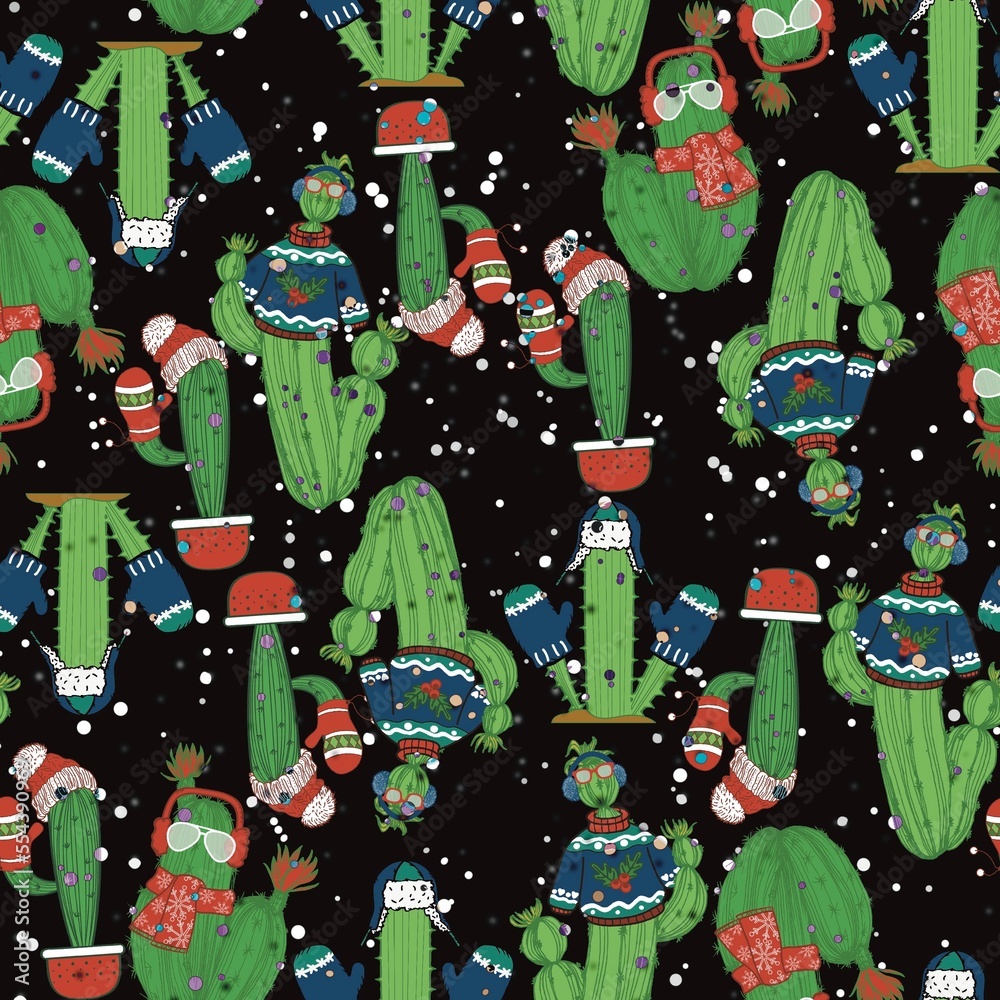 Cute hand drawn illustration of cactus plants dressed up warm for ...