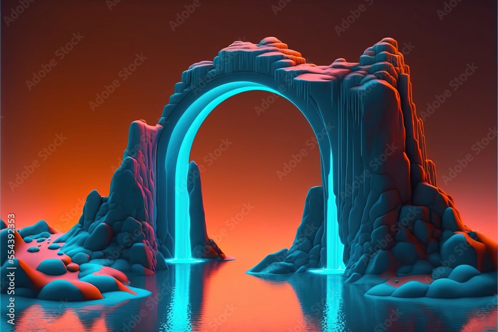 4K resolution or higher, futuristic terrain with water and glowing arch ...