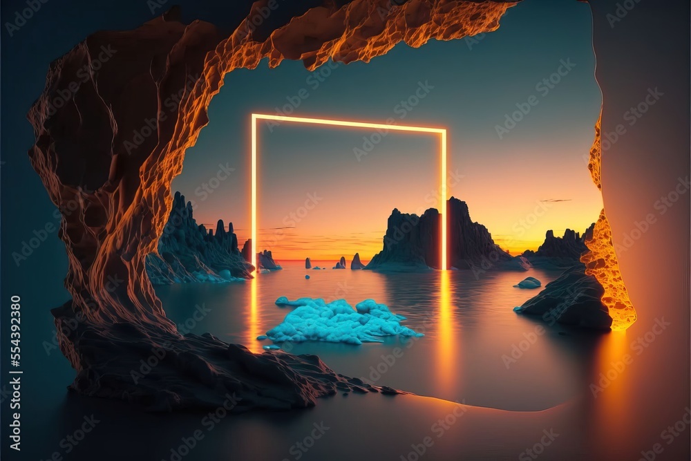 4K resolution or higher, neon square frame glowing over the futuristic ...