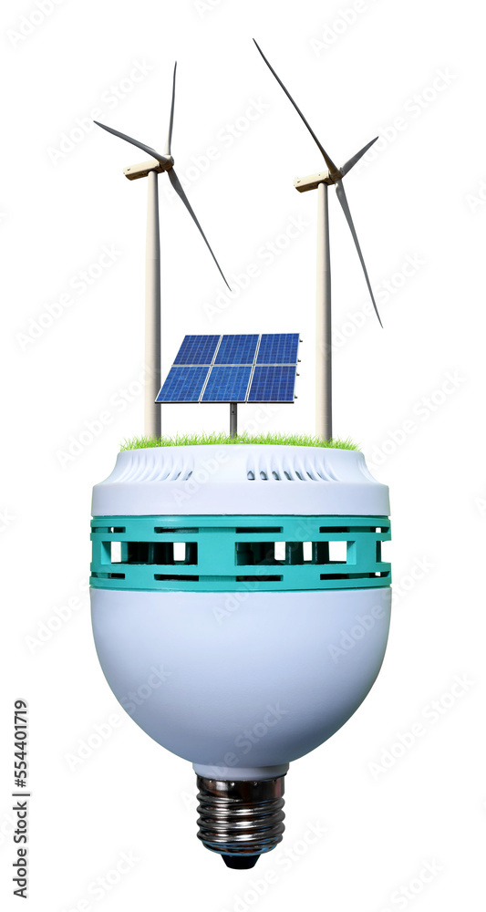 Wind turbines and solar panel on the light bulb isolated on transparent ...