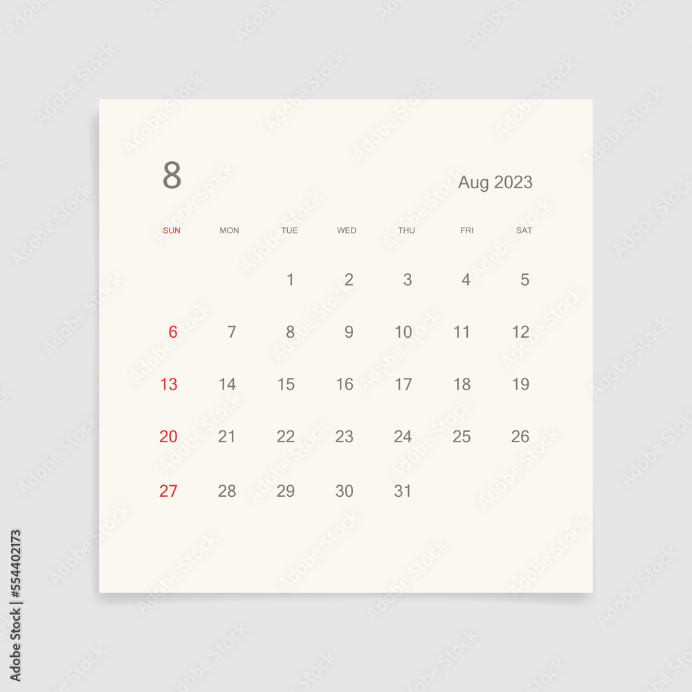 August 2023 calendar page on white background. Calendar background for ...