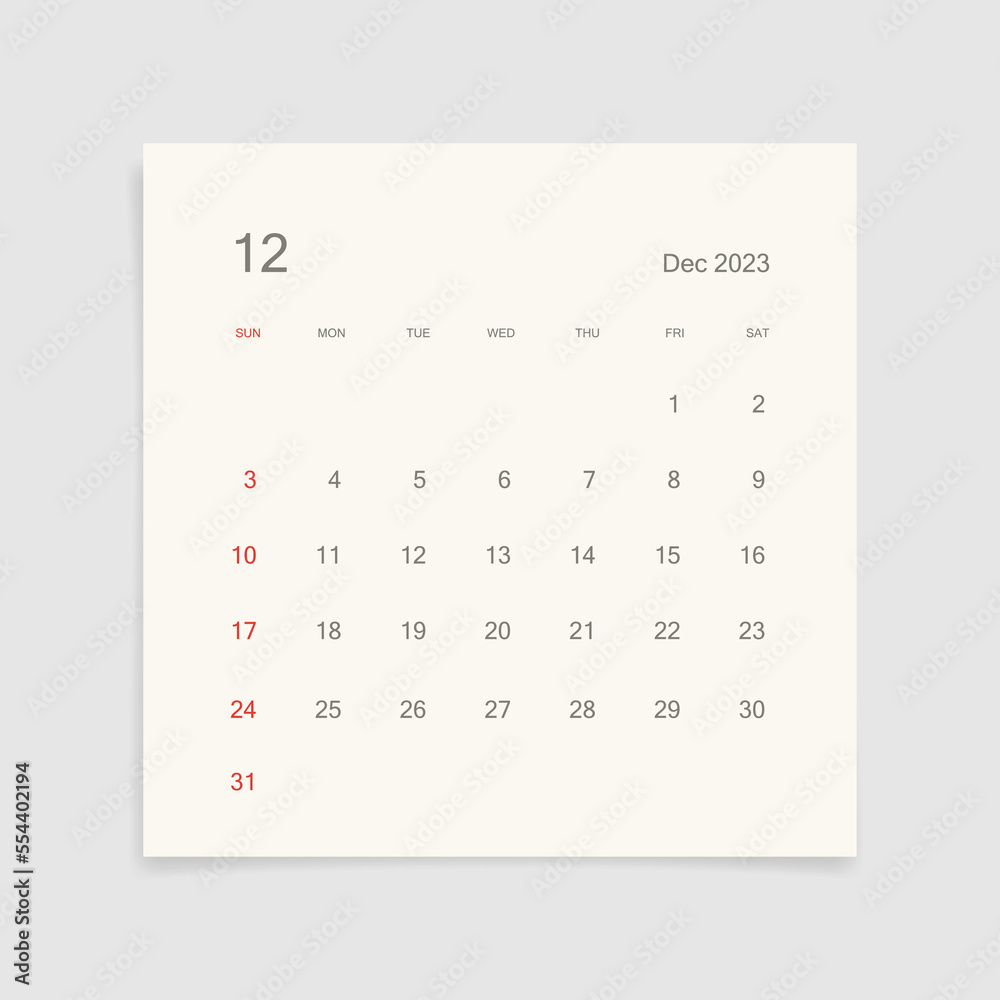 December 2023 calendar page on white background. Calendar background ...