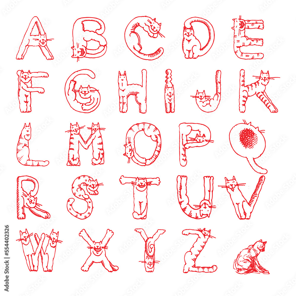 Cat alphabet vector design set. Cats font, cute Red and white alphabet ...