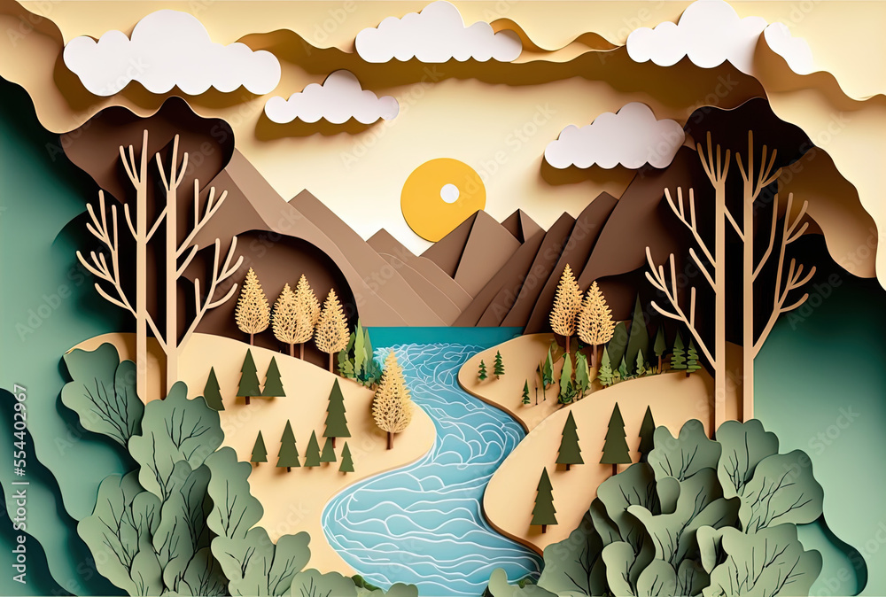 Paper layer, top view, sliced wooded setting with trees, a river ...