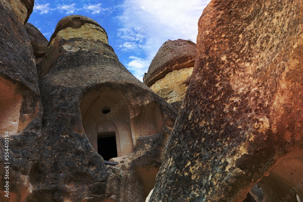 The ruins of monastic cells of an old ancient cave temple in the ...