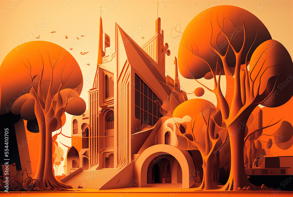 Cartoon drawing with an architectural orange backdrop that uses ...