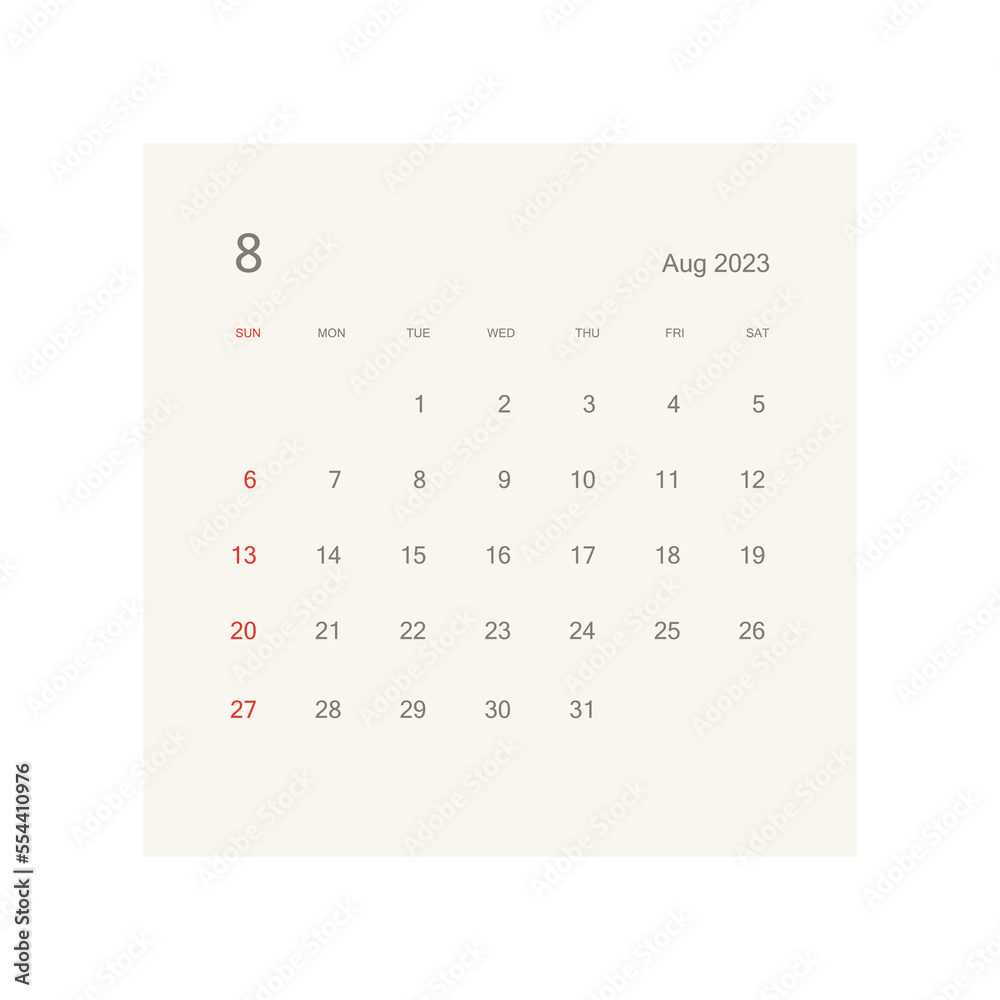 August 2023 calendar page on white background. Calendar background for ...