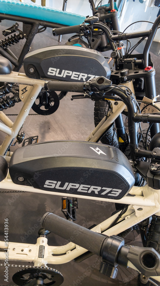 Super73 bicycle brand text and logo sign electric bikes full of ...
