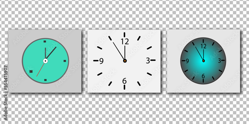 Set of design wall clocks. Transparent background. Template for your ...