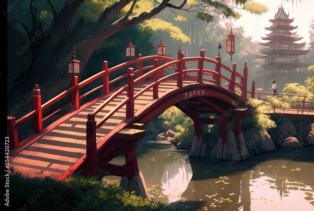 Japanese Red Bridge, Background of a Game, Afternoon. Generative AI ...