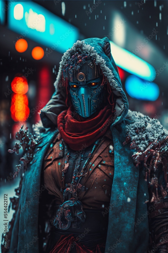 cyborg in winter with a fur jacket and gas mask,generative ai Stock ...