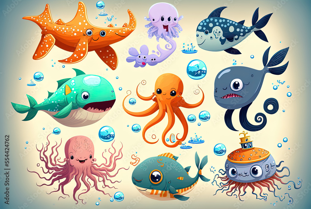 Cartoon picture for children including a cute octopus fish, bathyscaphe ...