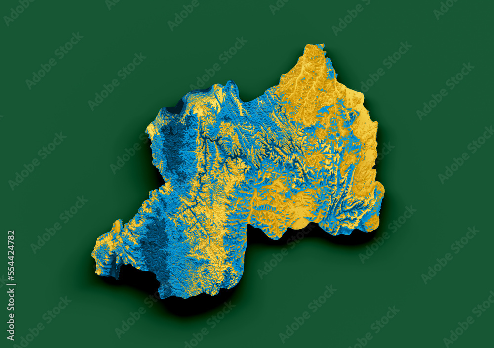 Rwanda map with the flag Colors Blue and Red Shaded relief map 3d ...