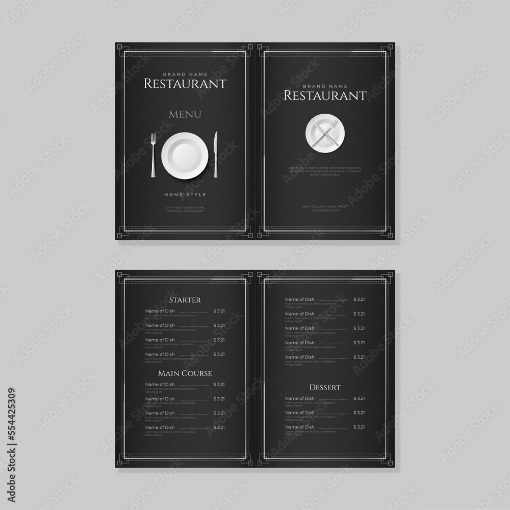 Vetor de Black restaurant menu design. Cafe logo. Food flyer. Brochure ...