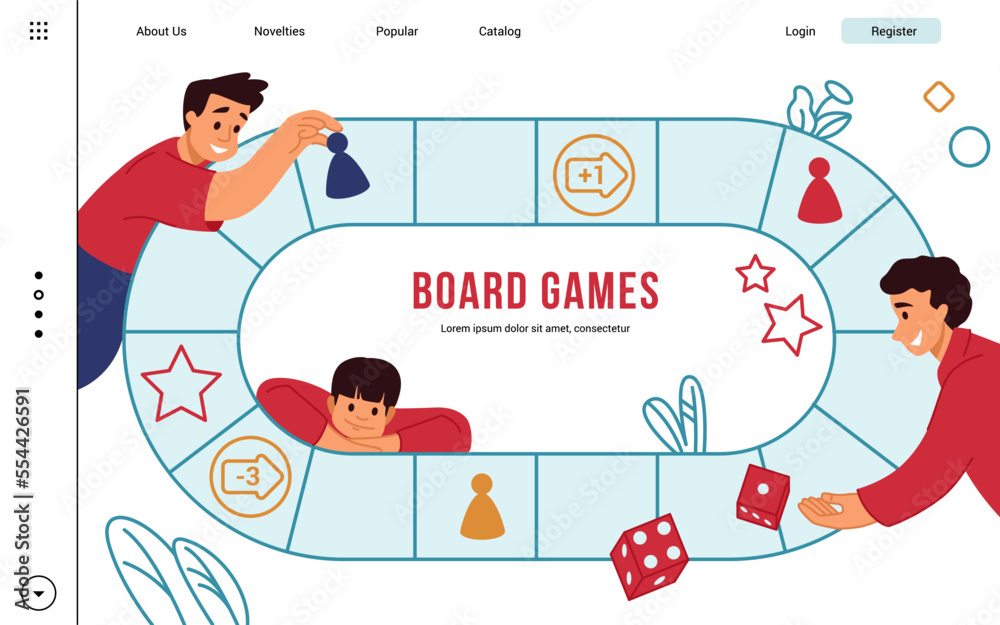 Family game board, playing landing page. Business people fun, happy man ...