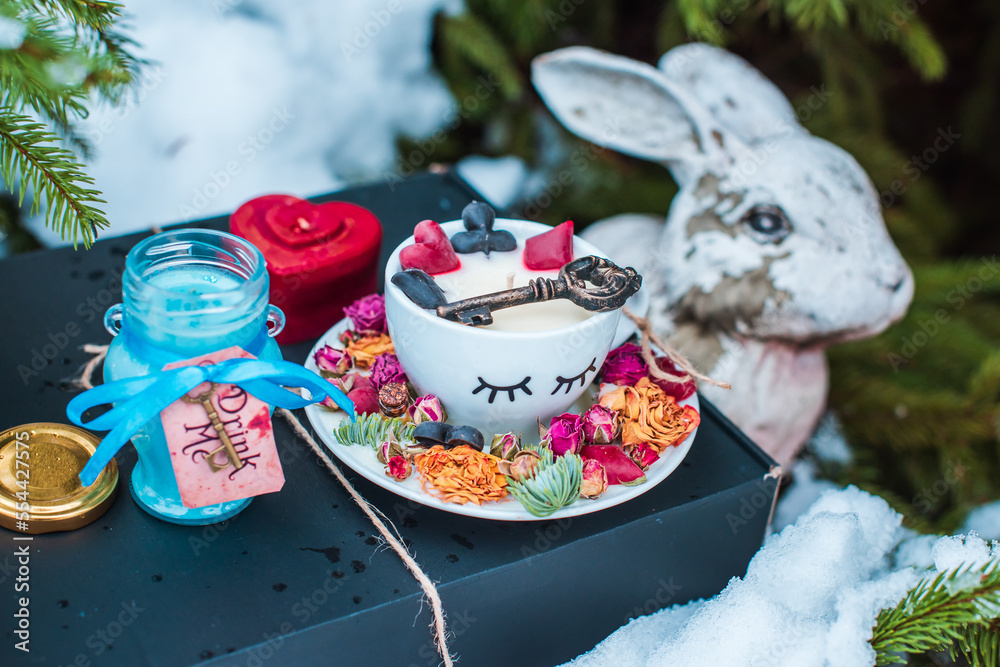 Mad Tea Party. Adventures in Wonderland , white rabbit drink me blue ...