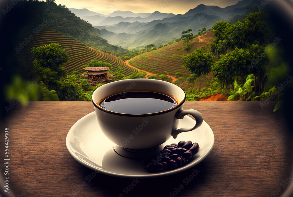 espresso cup. Plantation of coffee. Beans of coffee backdrop Landscape ...