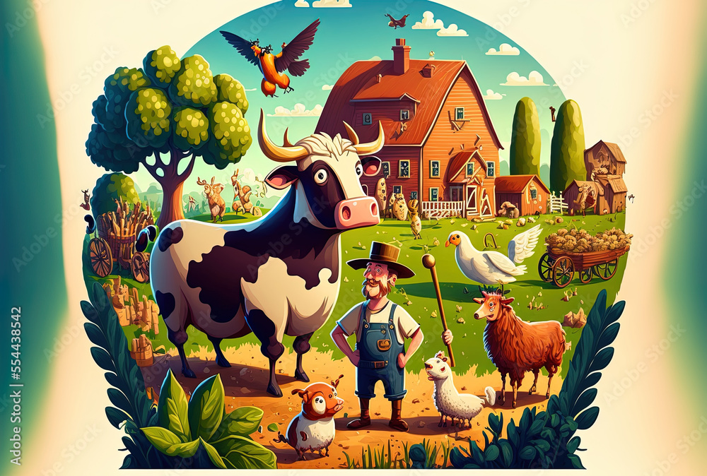 cartoon agricultural scene including a farmer and animals. Generative ...