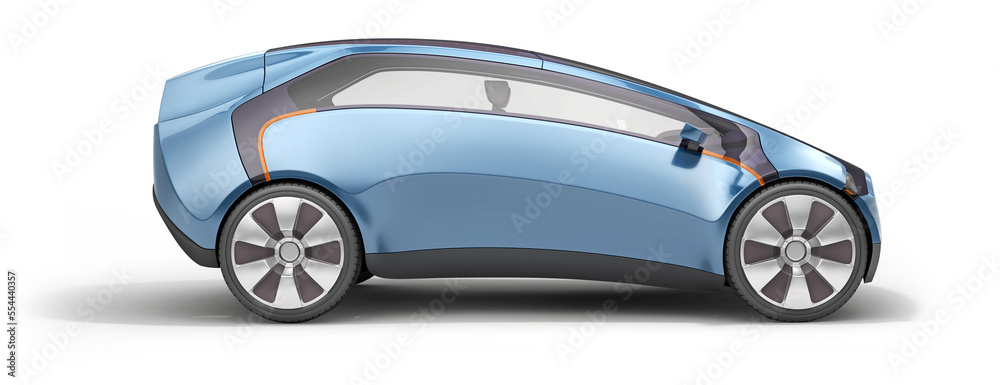 Electric future concept car view side. 3d rendering with soft falling ...