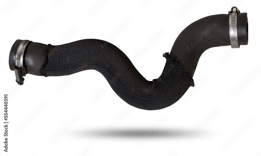 Black plastic hose of the car engine cooling system on a white isolated ...