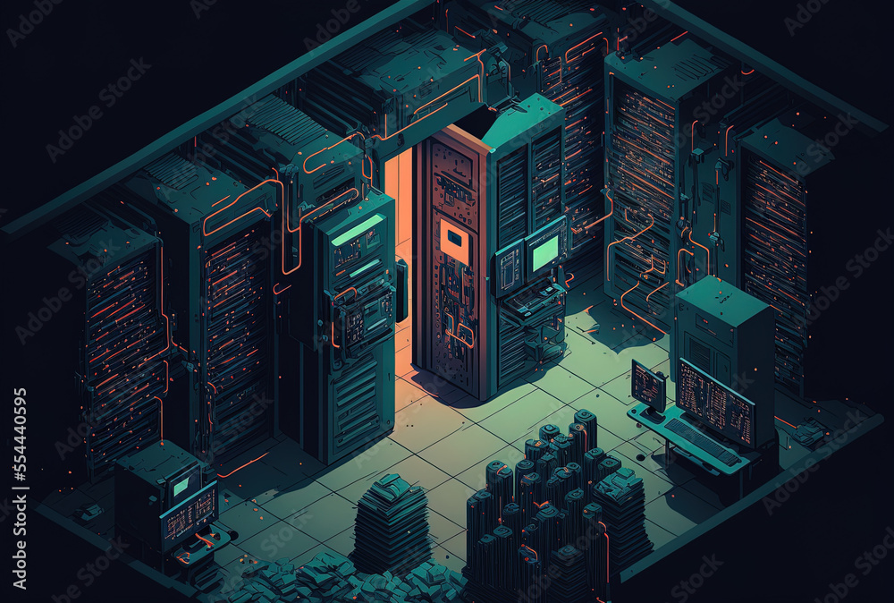 Illustration of a server room in a data center with plenty of telecom ...