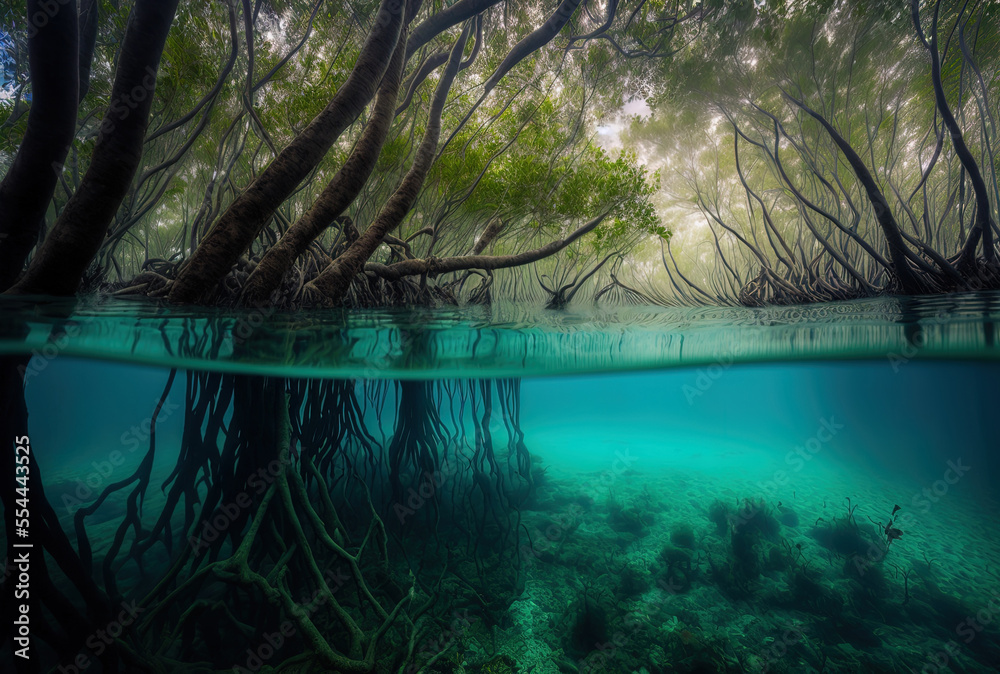 Underwater photograph of a mangrove forest with flooded trees, an ... Underwater photograph of a mangrove forest with flooded trees, an ...