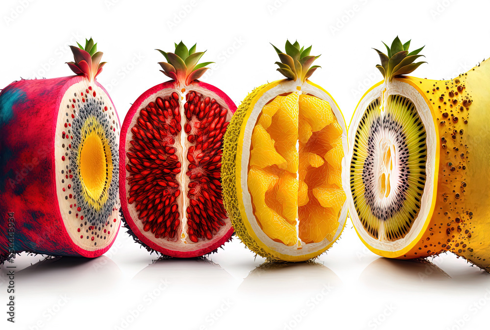 slices of isolated tropical fruits. Fresh exotic fruits split in half ...