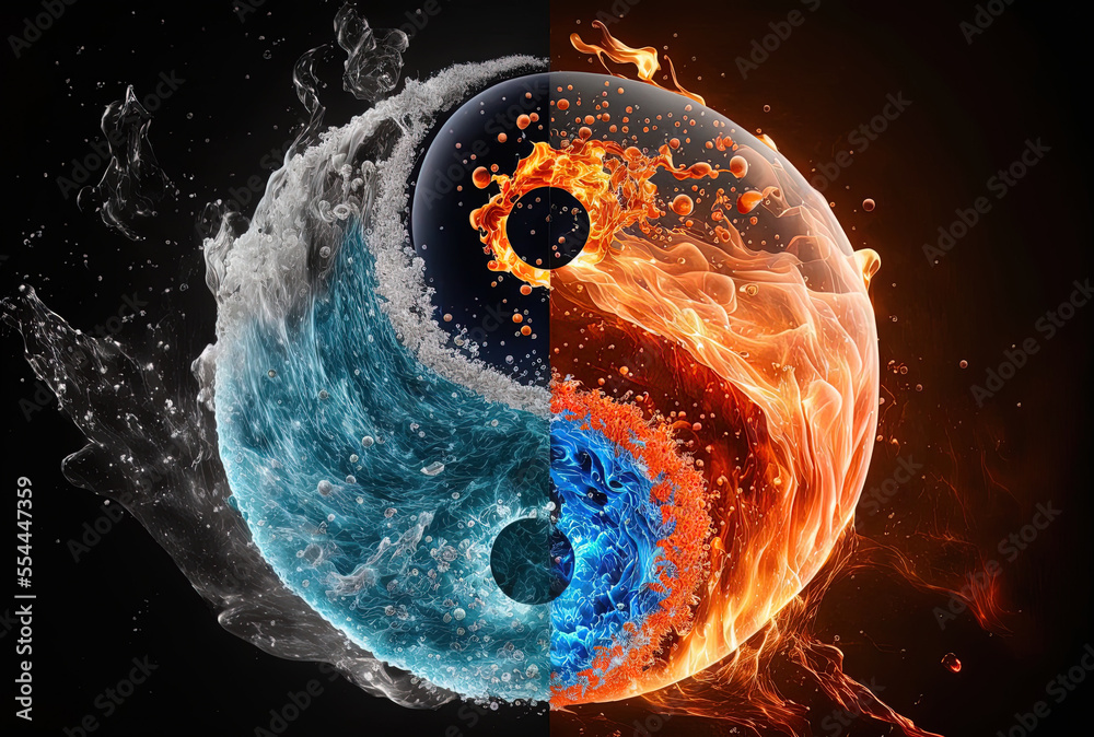 Water and fire, the two opposing elements, represent the Ying Yang symbol. Generative AI Stock ...