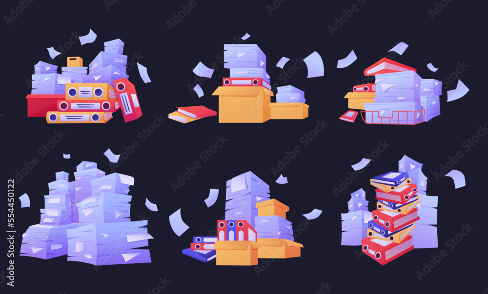 Paper stacks. Document heaps. Office paperwork. Messy accounting work ...