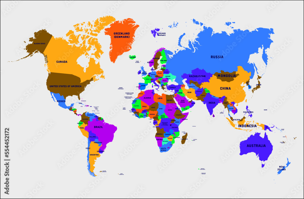 Colorful World Map With Country Names, Rivers, Lakes, Islands ...