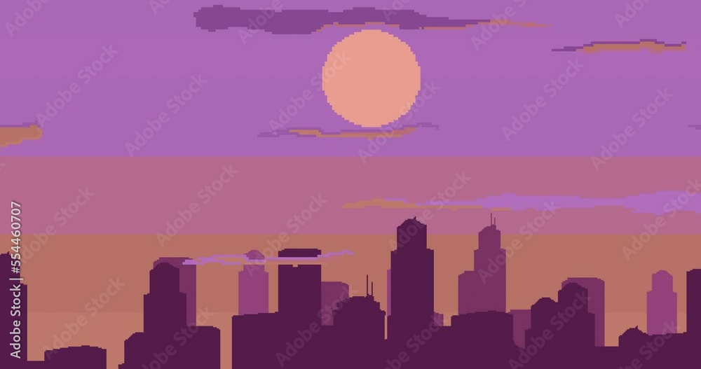 Evening pixel city animation. Game, city, sky, clouds, sun. Retro sci ...