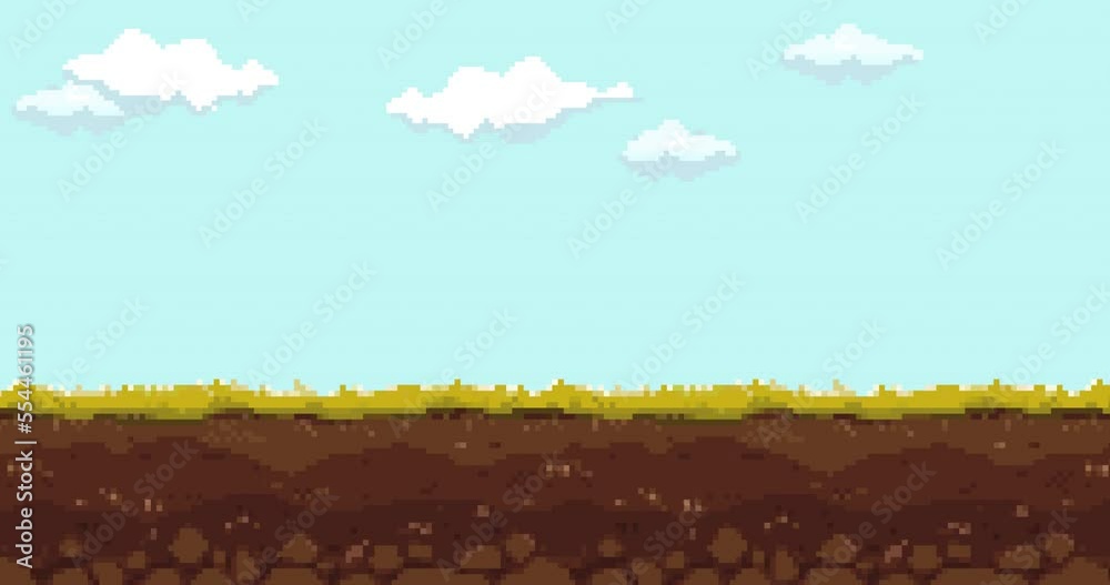 Animation of old style pixel game. Pixel art game background. Ground ...