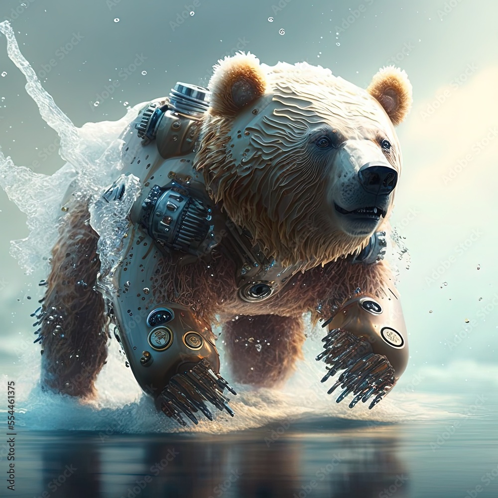 Robot bear in water, futuristic knight, mechanical robot warrior ...