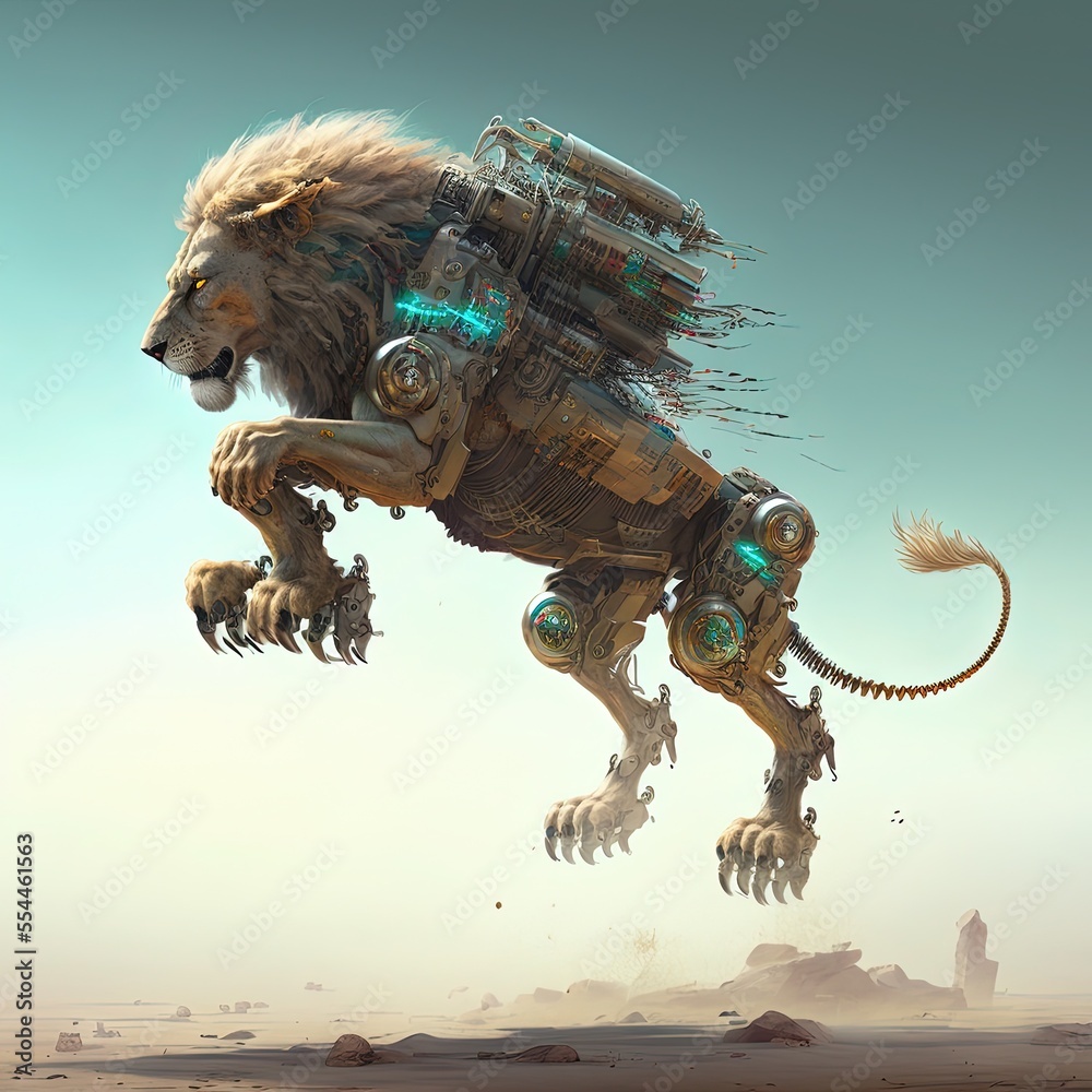 Futuristic animal knight, jumping robot lion, mechanical robot warrior ...