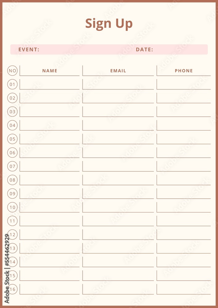 Minimalist Clean Sign Up Sheet Form Stock Illustration | Adobe Stock