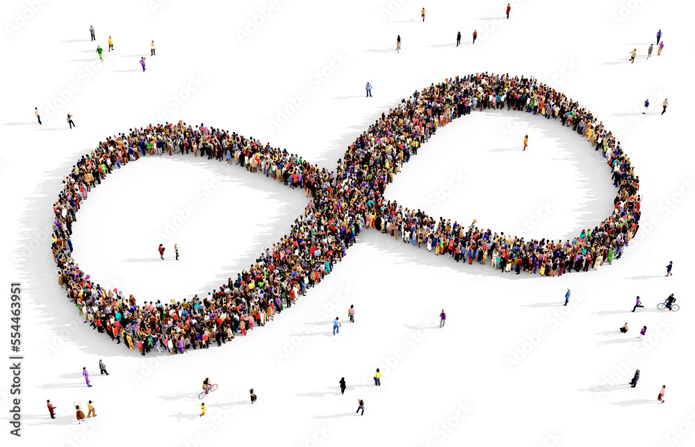 Crowd of people gathered together in the shape of infinity symbol, top ...