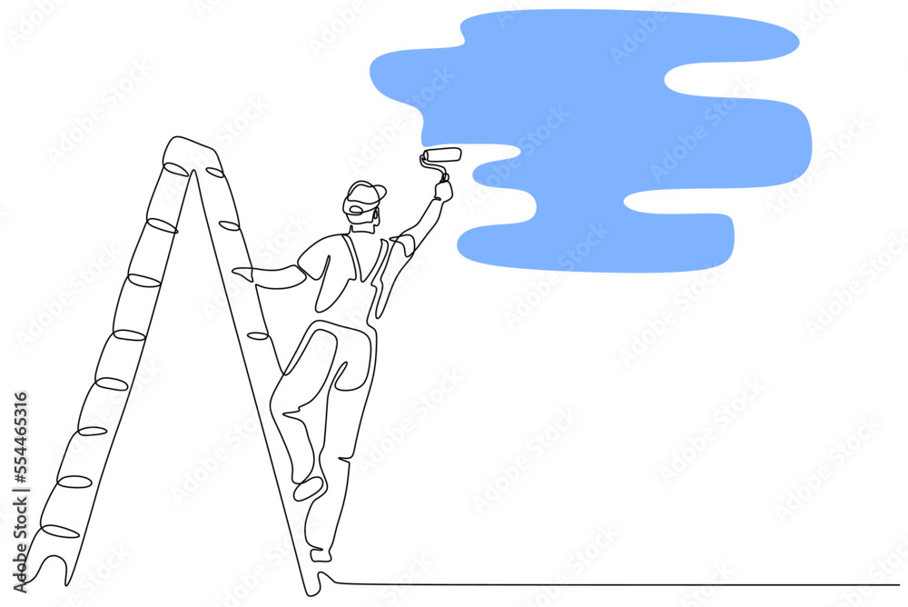 Continuous one line drawing of young handyman painting the wall using ...