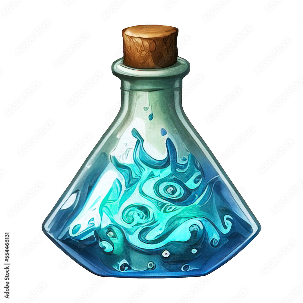 Potion bottle with magic elixir, cartoon glass flask with colorful ...