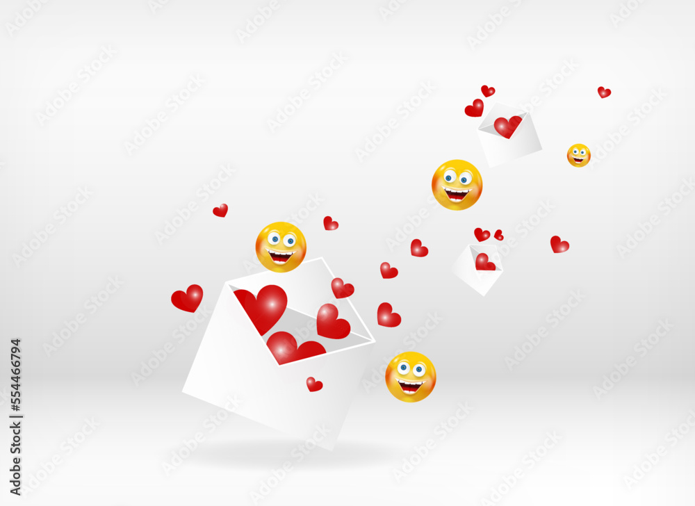 Floating postal envelope with flying hearts and happy smiling emoji ...